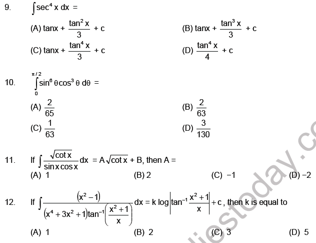 JEE Mathematics Indefinite Integrals MCQs Set A with Answers